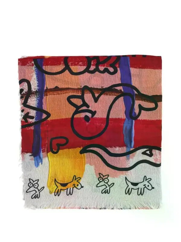 Destin Graphic-print Frayed Scarf - Red