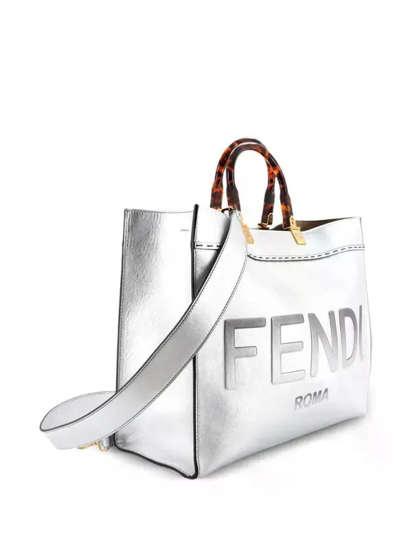 Fendi Sunshine Shopper Leather Medium Tote Bag - Silver