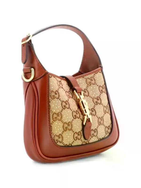 Gucci Jackie 1961 Chain Crystal Embellished Gg Canvas Mini Hobo Bag - Brown
