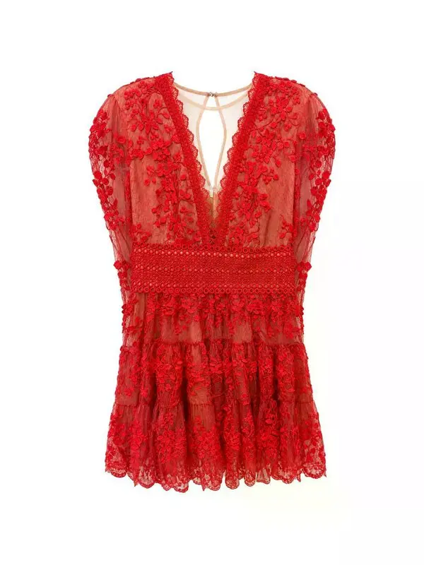 BRONX AND BRONCO Lace-embroidered Ruffled Mini Dress - Red