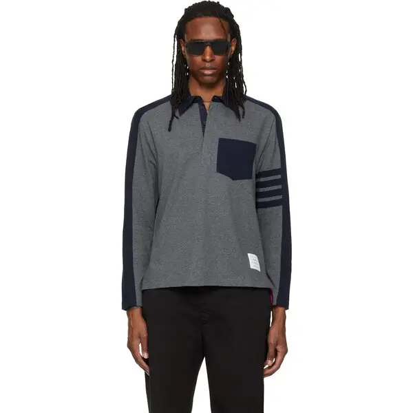 Thom Browne Gray Navy Blue Oversized Colorblock Rugby Polo Shirt