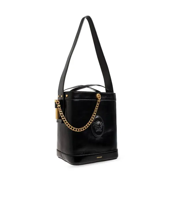 Versace Pivot Small Leather Bucket Bag - Black