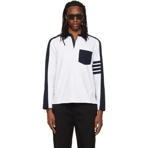 Thom Browne Navy Blue Oversized Colorblock Rugby Polo Shirt - White