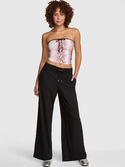 Pink Smocked-band Straight-leg Pants