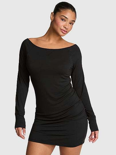 Pink 24/7 Lounge Modal Oﬀ-the-shoulder Dress - Black