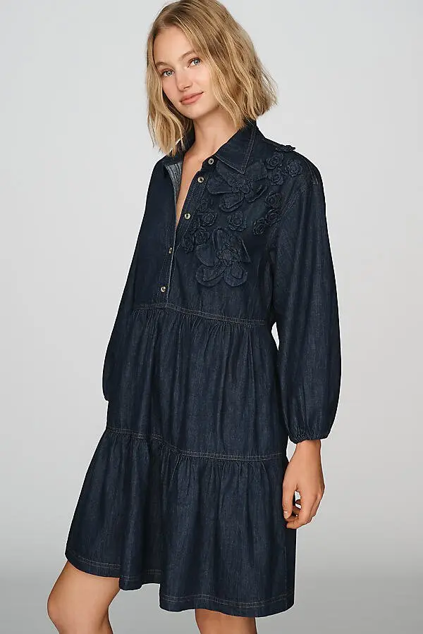 Maeve Betta 100% Cotton Denim Tiered Mi Shirtdress