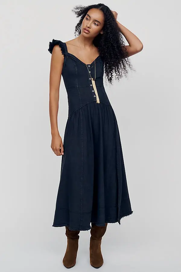 PILCRO 100% Cotton Ruffled Denim Midi Dress
