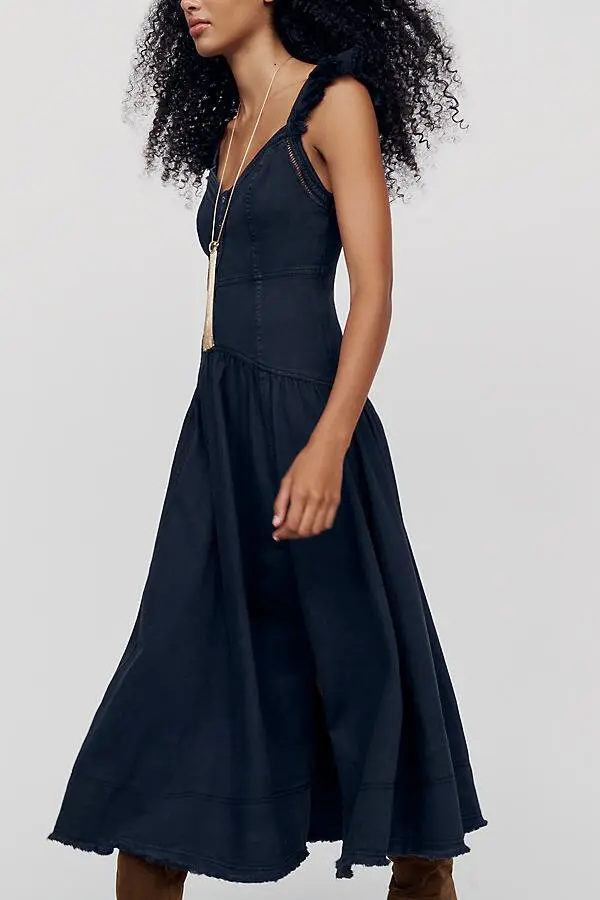 PILCRO 100% Cotton Ruffled Denim Midi Dress