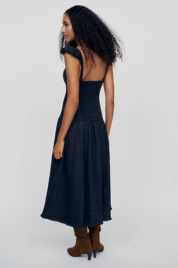 PILCRO 100% Cotton Ruffled Denim Midi Dress