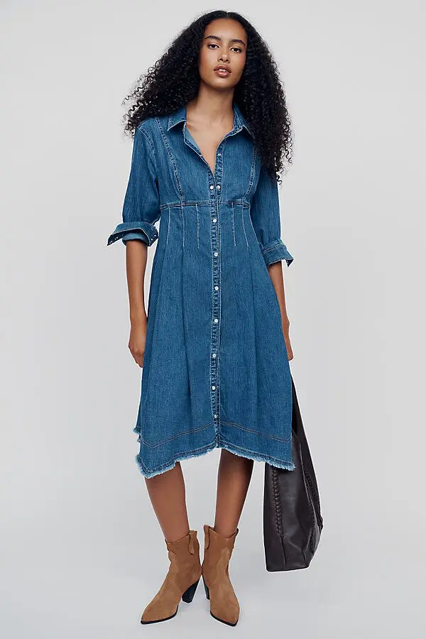 PILCRO Denim Waisted Midi Shirtdress - Medium Denim