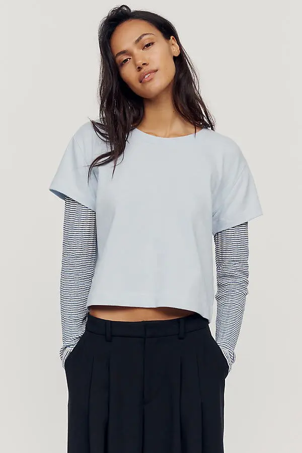 PILCRO Twofer Long Sleeve T-shirt - Blue Stripe