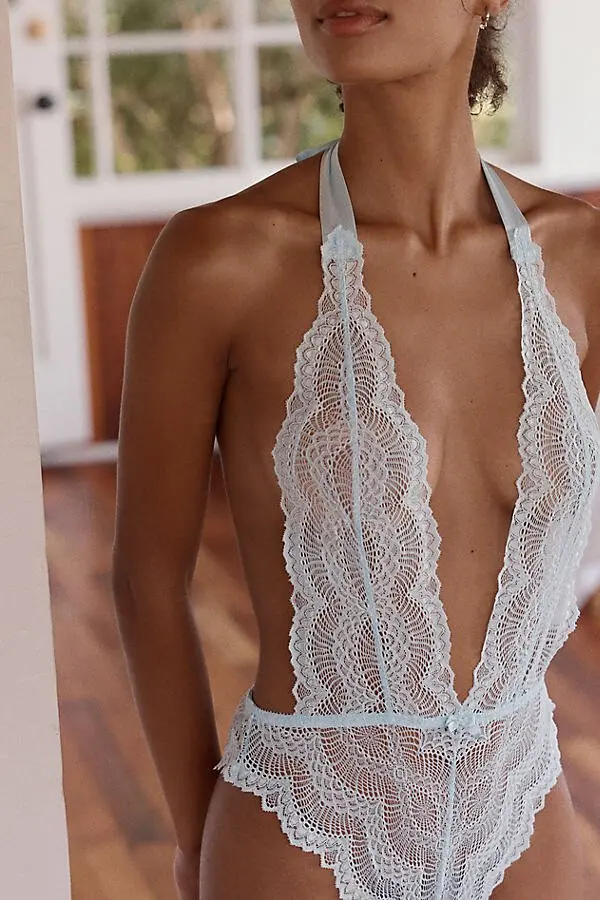 JOURNELLE Natalia Halter-neck Lace Bodysuit - Blue