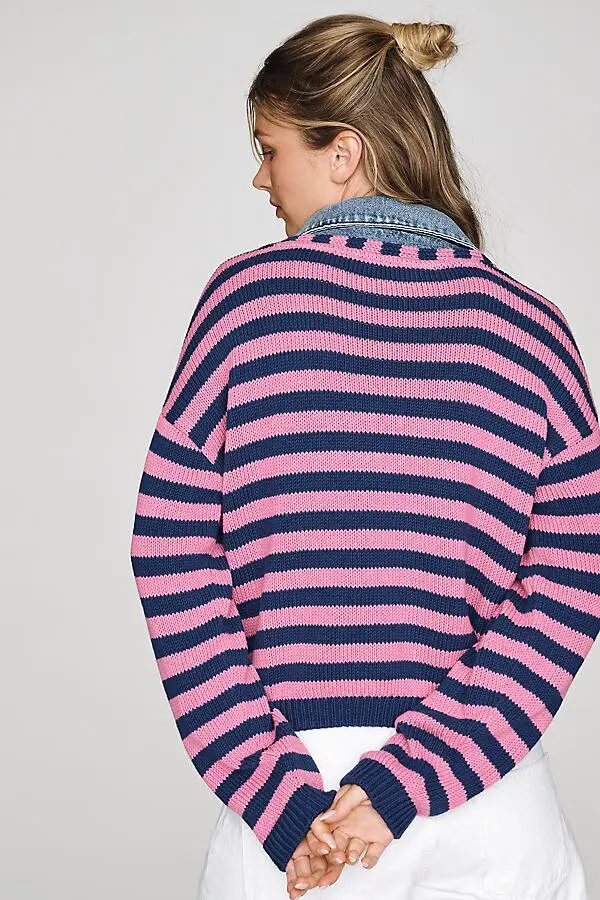 PILCRO Cotton Twofer Collared Sweater - Pink Stripe