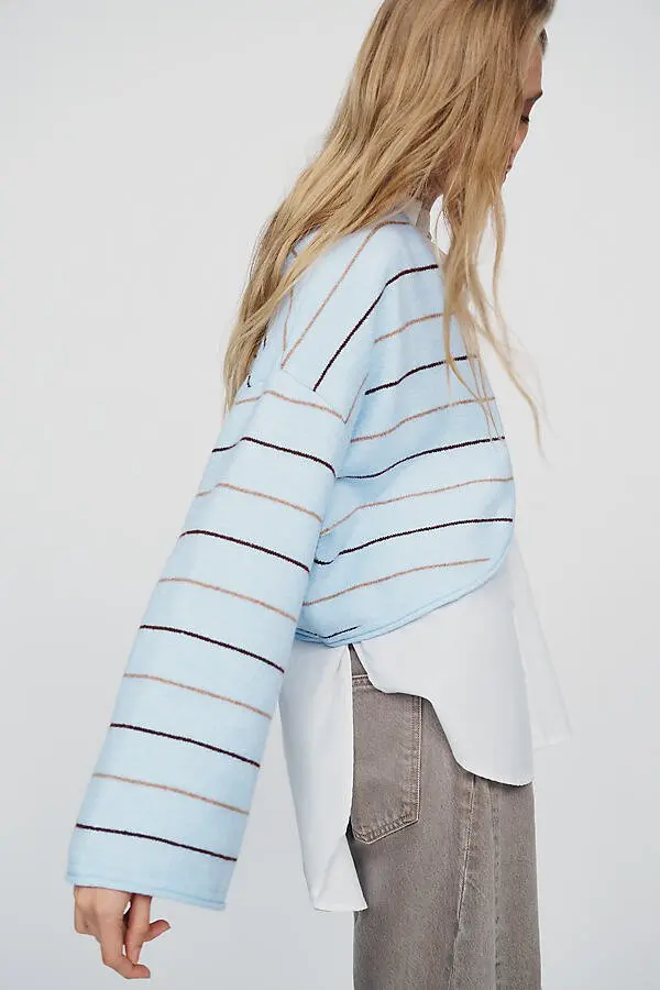BEL KAZAN Striped Cropped Cardigan - Light Blue