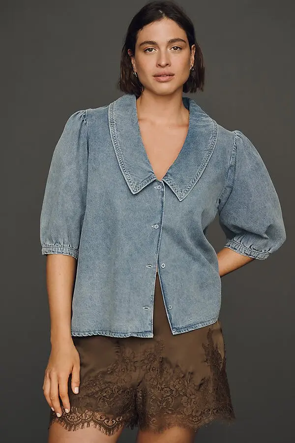 English Factory Collared V-neck Top - Blue