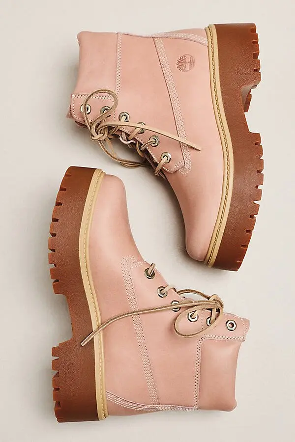 Timberland Leather Platform Lug Sole Lace Up Boots - Pink