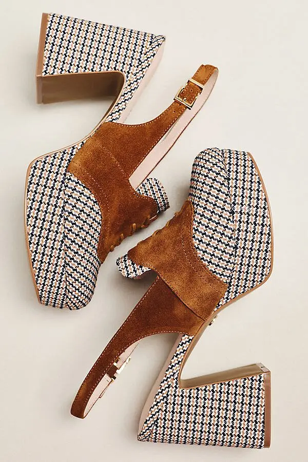 CECILIA NEW YORK Peace Slingback Platform Heels - Cognac/plaid