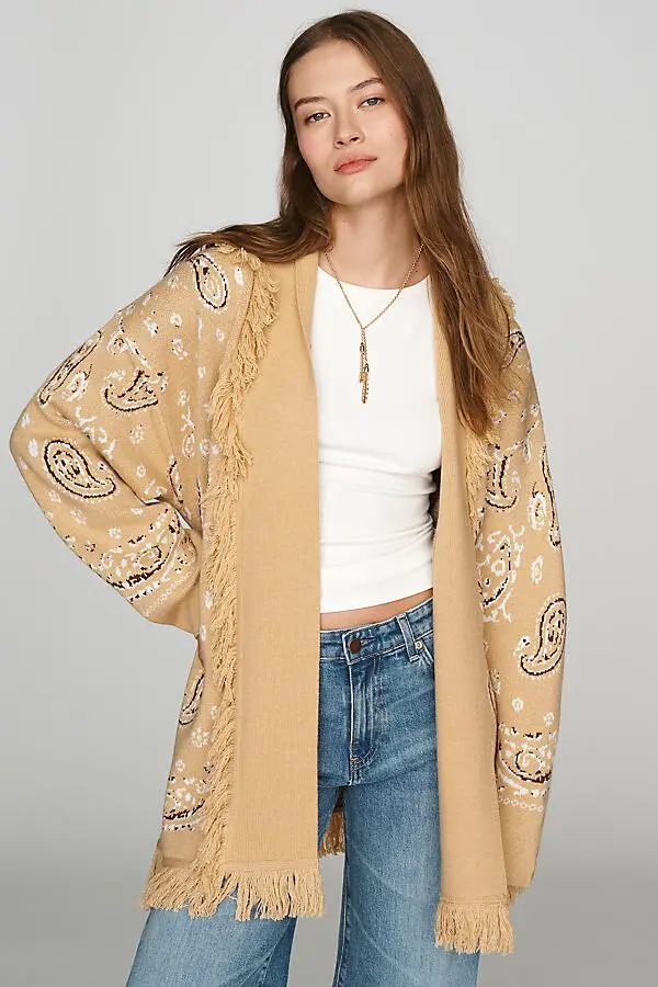 FLAT WHITE Fringe Wrap Cardigan Sweater - Neutral Pattern