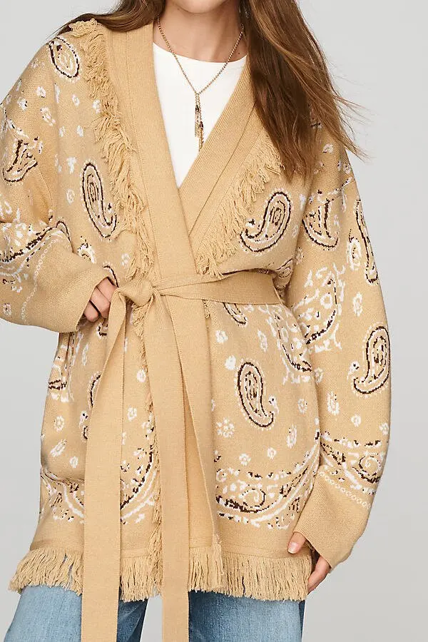 FLAT WHITE Fringe Wrap Cardigan Sweater - Neutral Pattern
