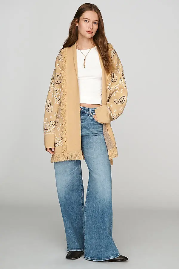 FLAT WHITE Fringe Wrap Cardigan Sweater - Neutral Pattern