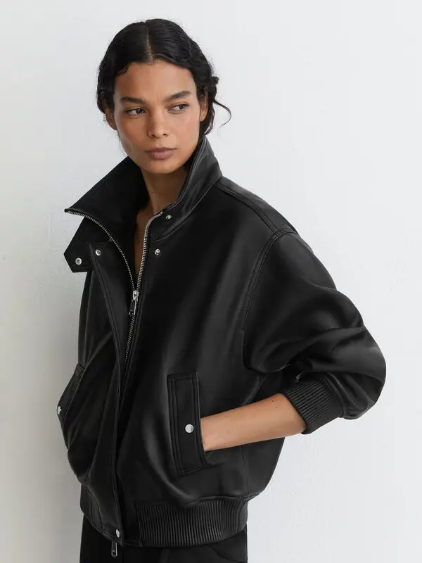 REISS Cara Petite Leather Funnel-neck Bomber Jacket