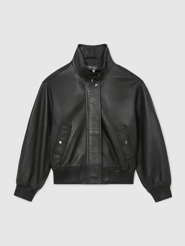 REISS Cara Petite Leather Funnel-neck Bomber Jacket