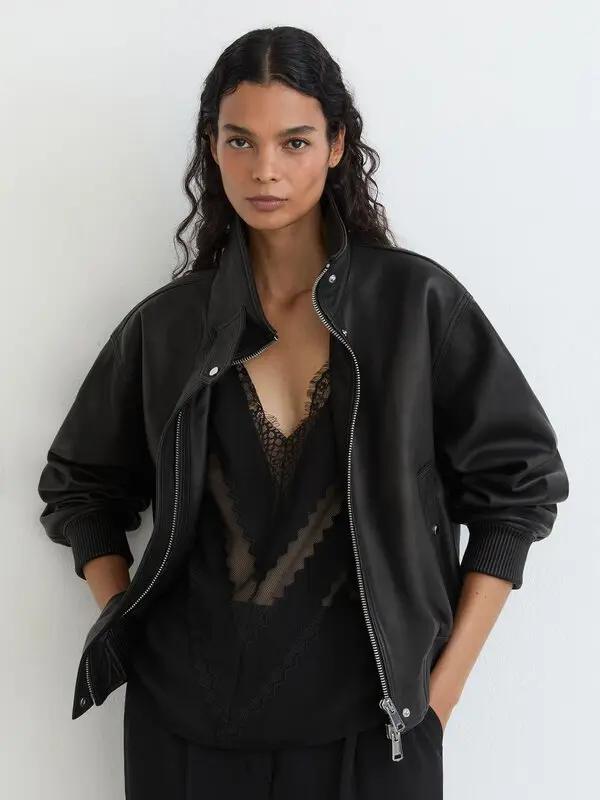 REISS Cara Petite Leather Funnel-neck Bomber Jacket