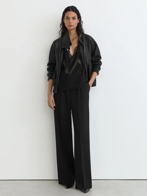 REISS Cara Petite Leather Funnel-neck Bomber Jacket