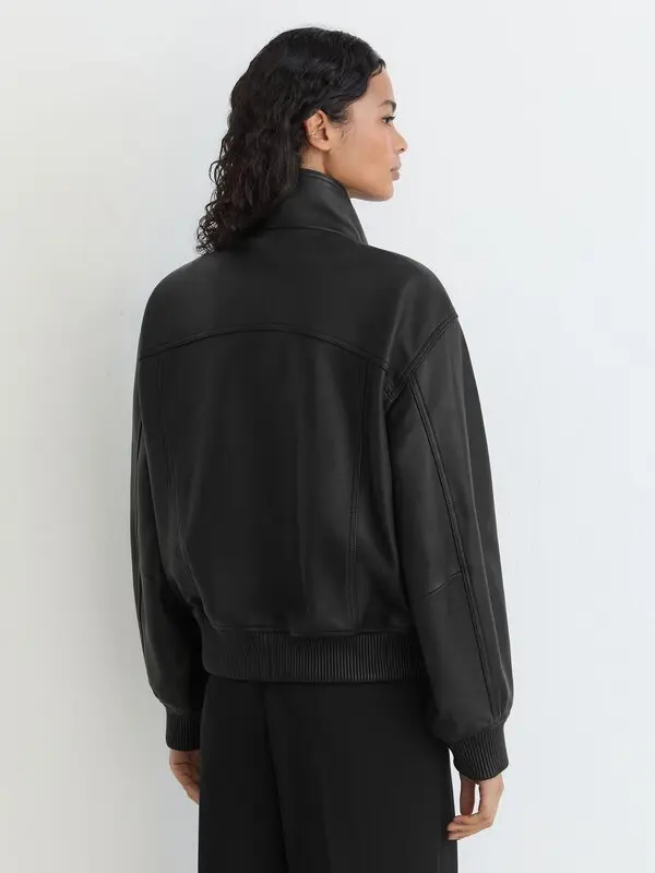 REISS Cara Petite Leather Funnel-neck Bomber Jacket