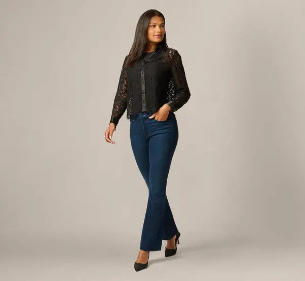 Adrianna Papell Long Sleeve Satin Trim Sheer Lace Blouse - Black