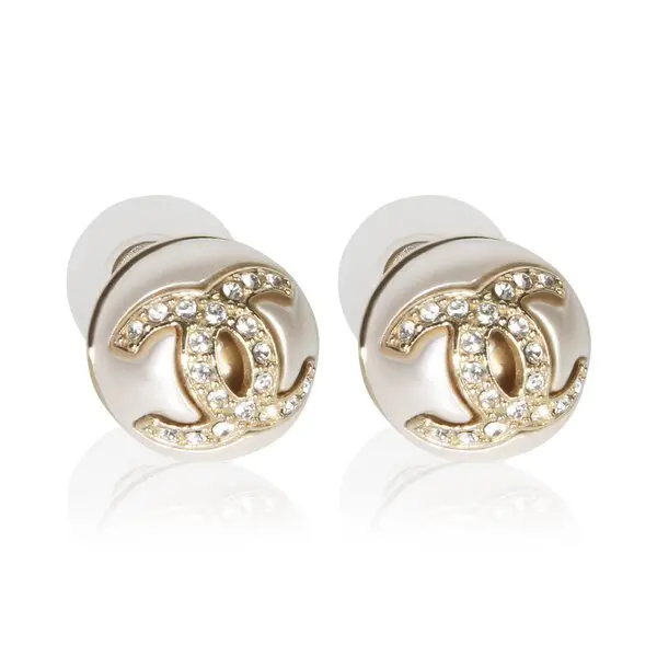 Chanel Crystal Embellished Logo Stud Earrings - Gold_plated