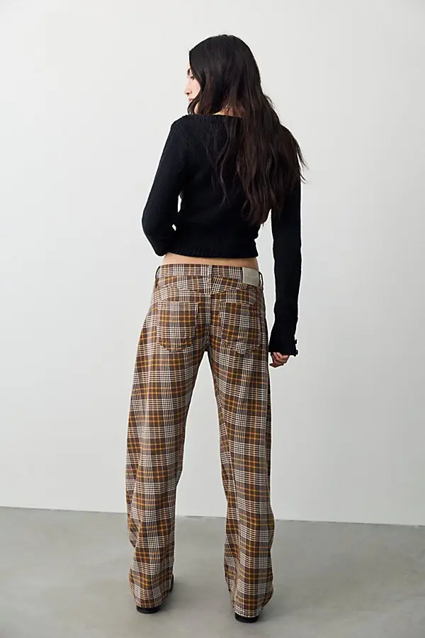 Free People Fable Plaid Low-rise Twisted Bowed Jeans