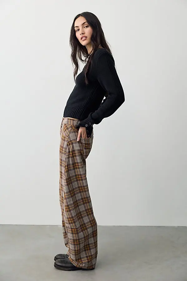 Free People Fable Plaid Low-rise Twisted Bowed Jeans