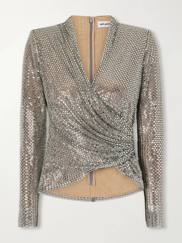 SELF-PORTRAIT Crystal-embellished Gathered Mesh Blouse - Gray