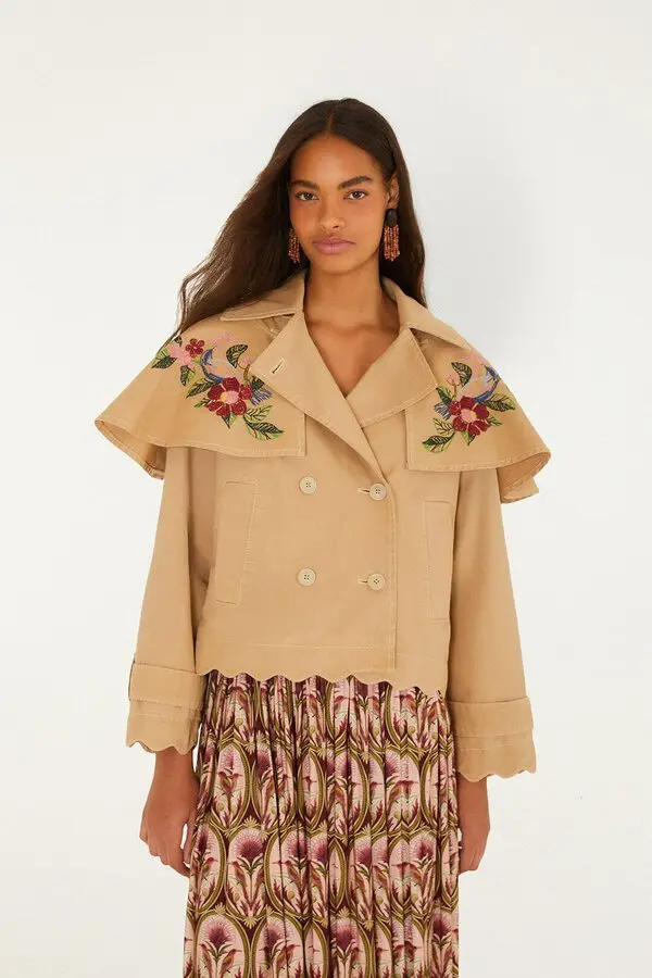 Farm Rio Notched Lapel Mini Trench Coat - Beige