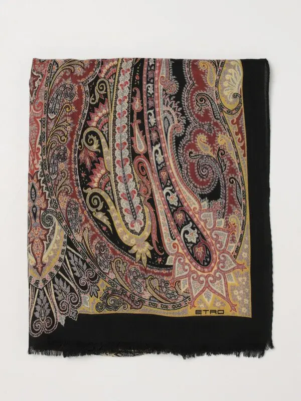Etro 100% Cashmere Scarf With Paisley Print And Fringed Edges - Black