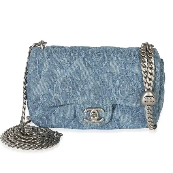 Chanel Quilted Denim Camellia Sweetheart Flap Bag - Blue
