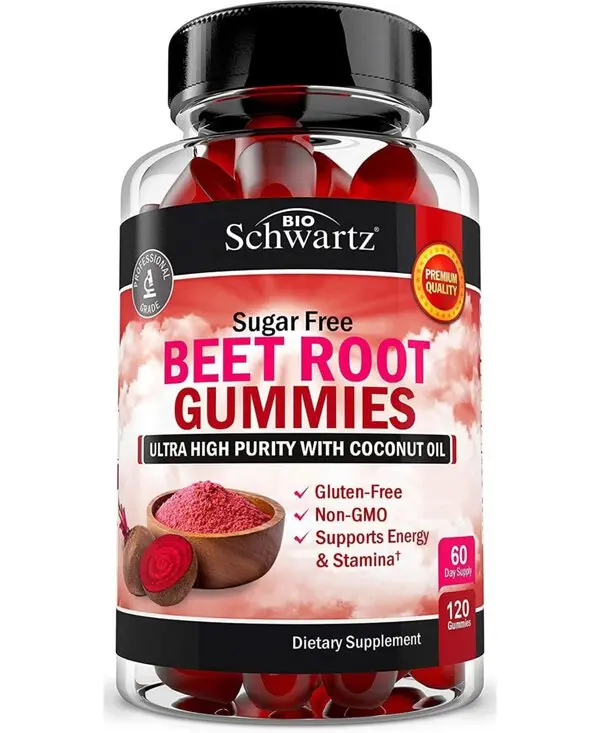 BIOSCHWARTZ Sugar Free Beet Root Gummies Nitric Oxide Beet Chews Infused With Coconut Oil For Highest Absorption Supports Energy & Whole Body Health - No Color