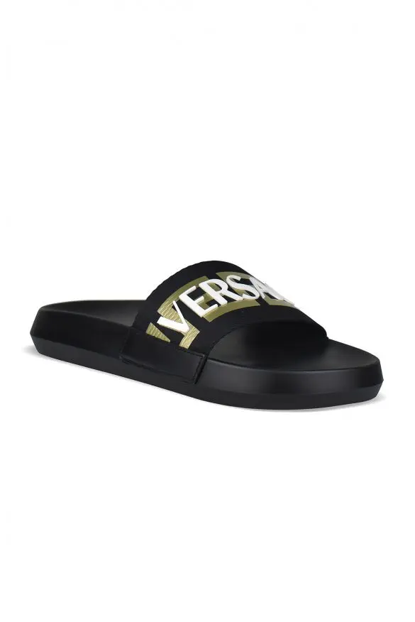Versace Rubber Slides With Signature Print - Black