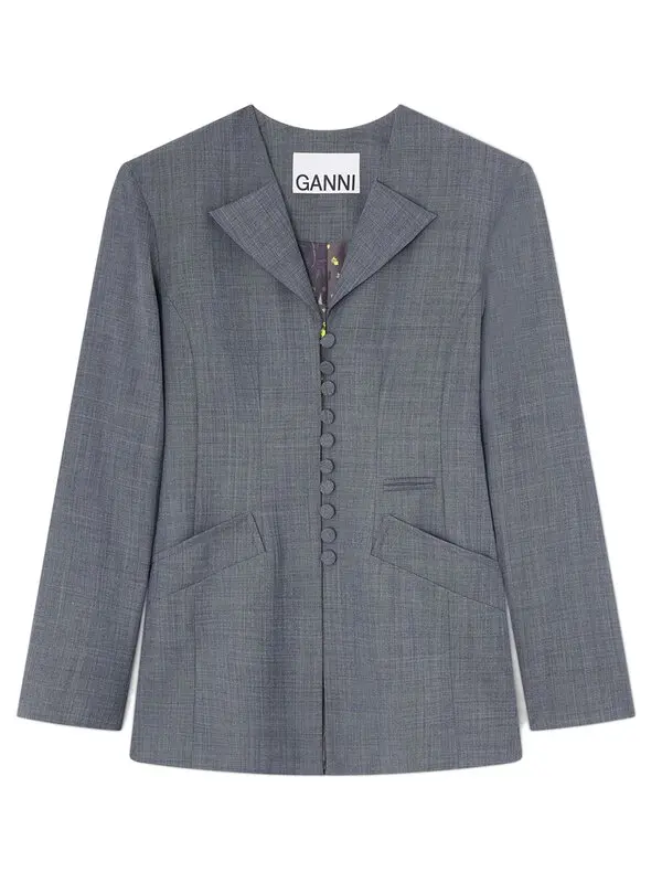 GANNI V-neck Button-front Wool Blend Jacket With Back Slit Pockets - Grigio
