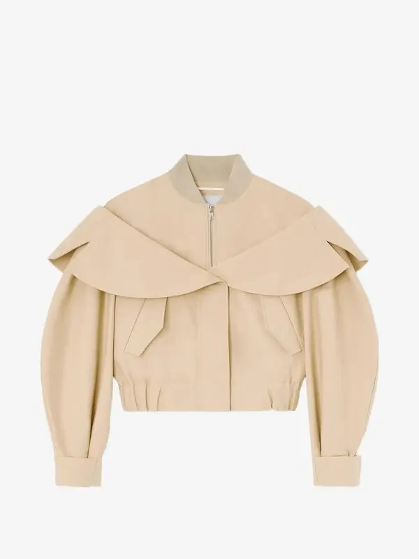 GANNI Wide-collar Off-shoulder Cotton Jacket With Curved Sleeves, Zip Closure & Elasticated Waist - Beige