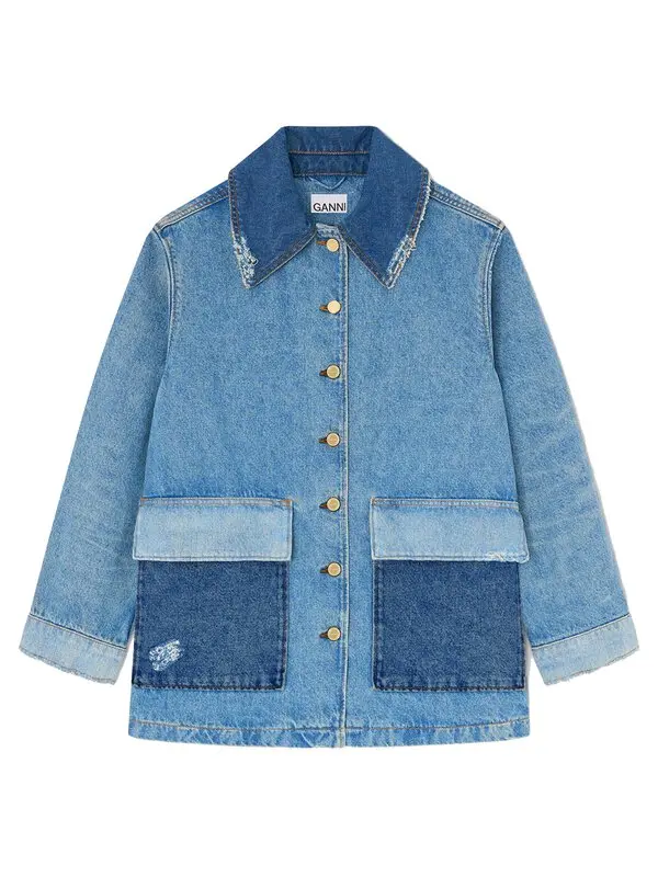 GANNI Wide-collar Button-front Oversized Jacket With Patch Pockets And Back Pleat - Blu