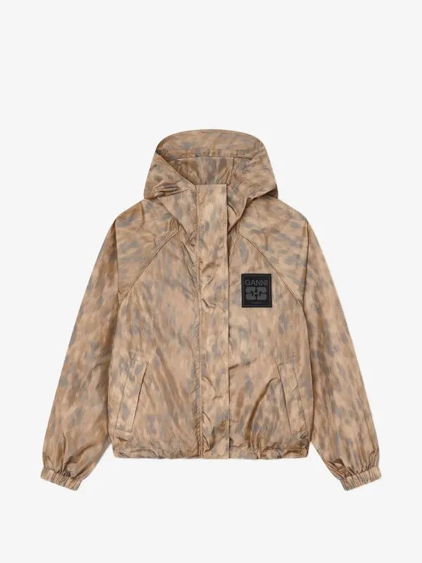 GANNI Recycled Polyamide Hooded Jacket With Front Zip & Drawstring Hem - Marrone