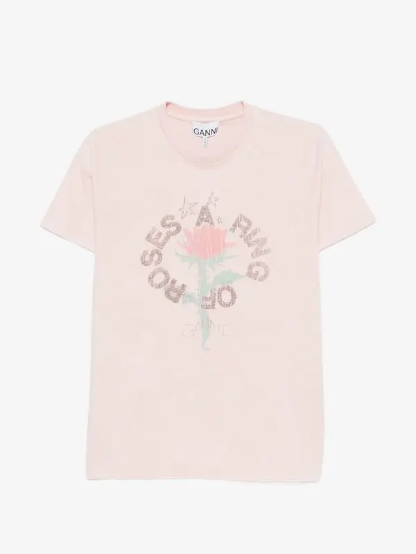GANNI Washed Graphic T-shirt With Logo And Roses Print - Rosa