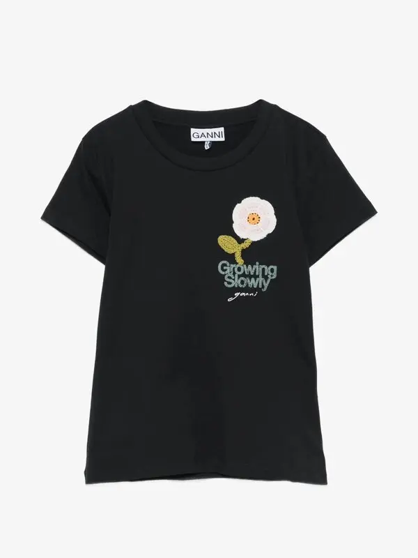 GANNI Embroidered Flower Crew Neck T-shirt - Grigio