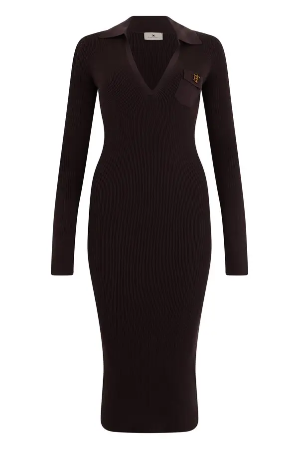Elisabetta Franchi No-elegant Long Fitted V-neck Long Sleeve Dress - Brown
