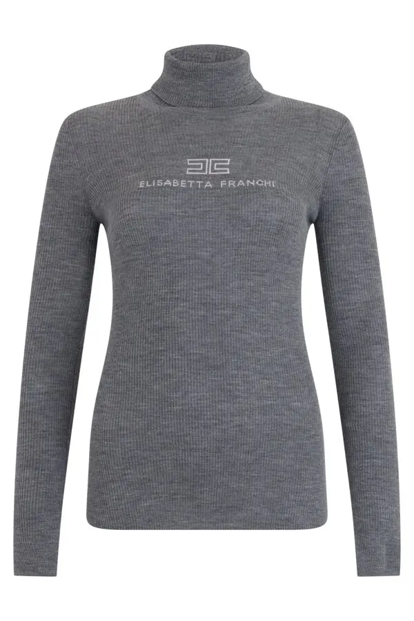 Elisabetta Franchi High-collar Wool Blend Sweater With Fitted Long Sleeves