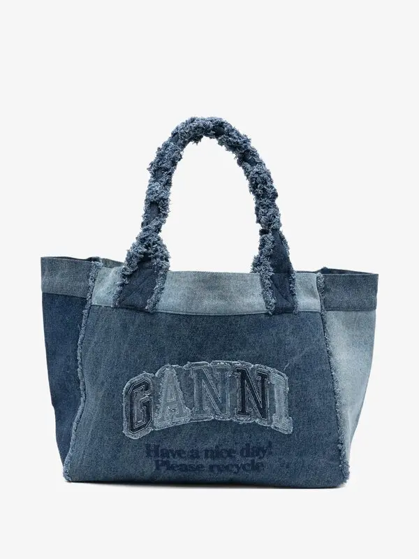 GANNI Denim Patchwork Tote Bag With Front Logo & Internal Zip Pocket - Blu