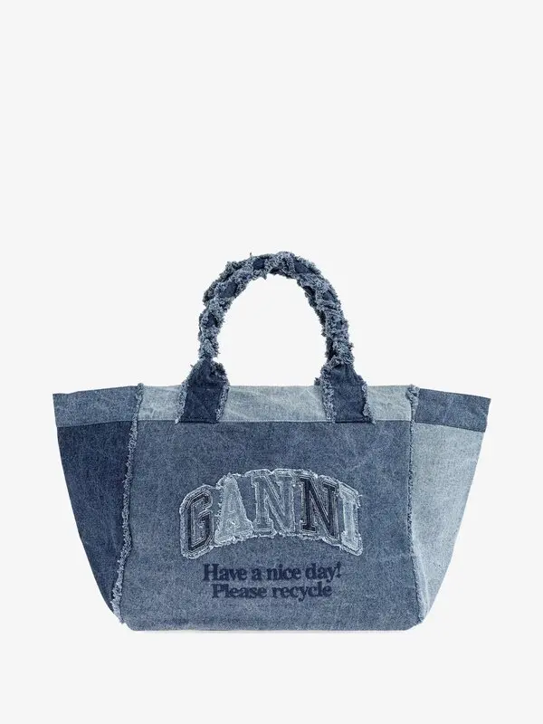 GANNI Organic Cotton Denim Tote Bag With Front Logo - Blu