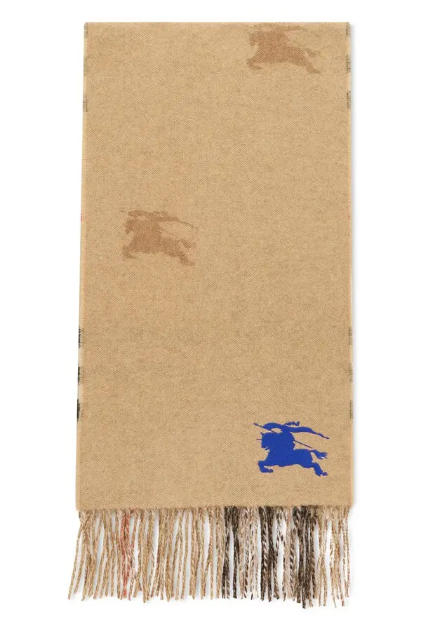 Burberry Cashmere Logo Scarf With Fringed Edges - Beige